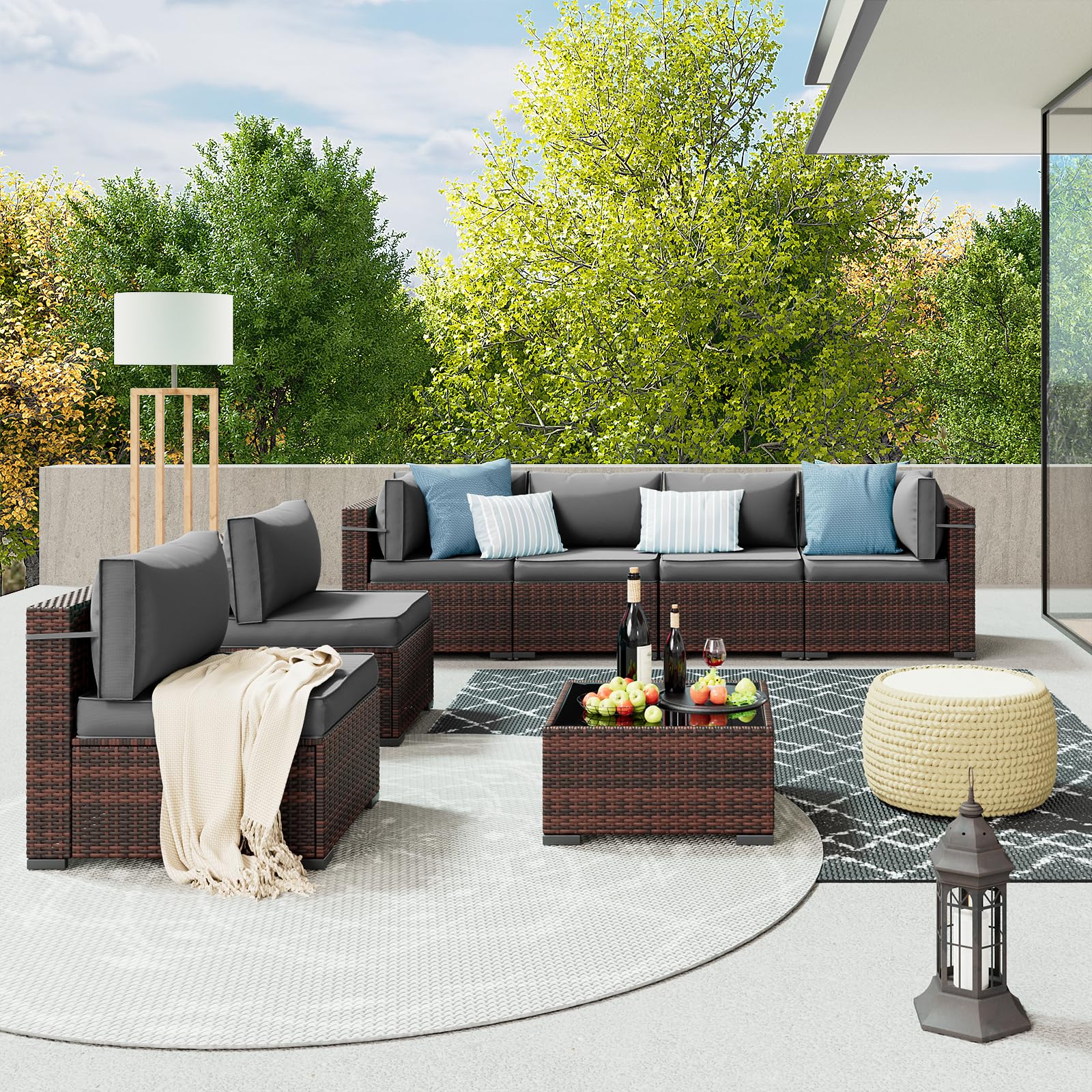 Amopatio Patio Furniture Set 7 Pieces Patio Conversation Set, Outdoor Sectional Wicker Rattan Sofa with All-Weather Cover and Pillows, Fits Porch Garden Backyard Balcony(Grey)