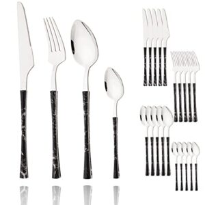 snplowum 24 piece (6 set) imitation marble handle cutlery, stainless steel head flatware set for home wedding dinner, mirror & modern knife fork tea spoon utensils set -- black silver