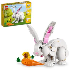 lego creator 3 in 1 white rabbit animal toy building set, stem toy for kids 8+, transforms from bunny to seal to parrot figures, creative play building toy for boys and girls, 31133