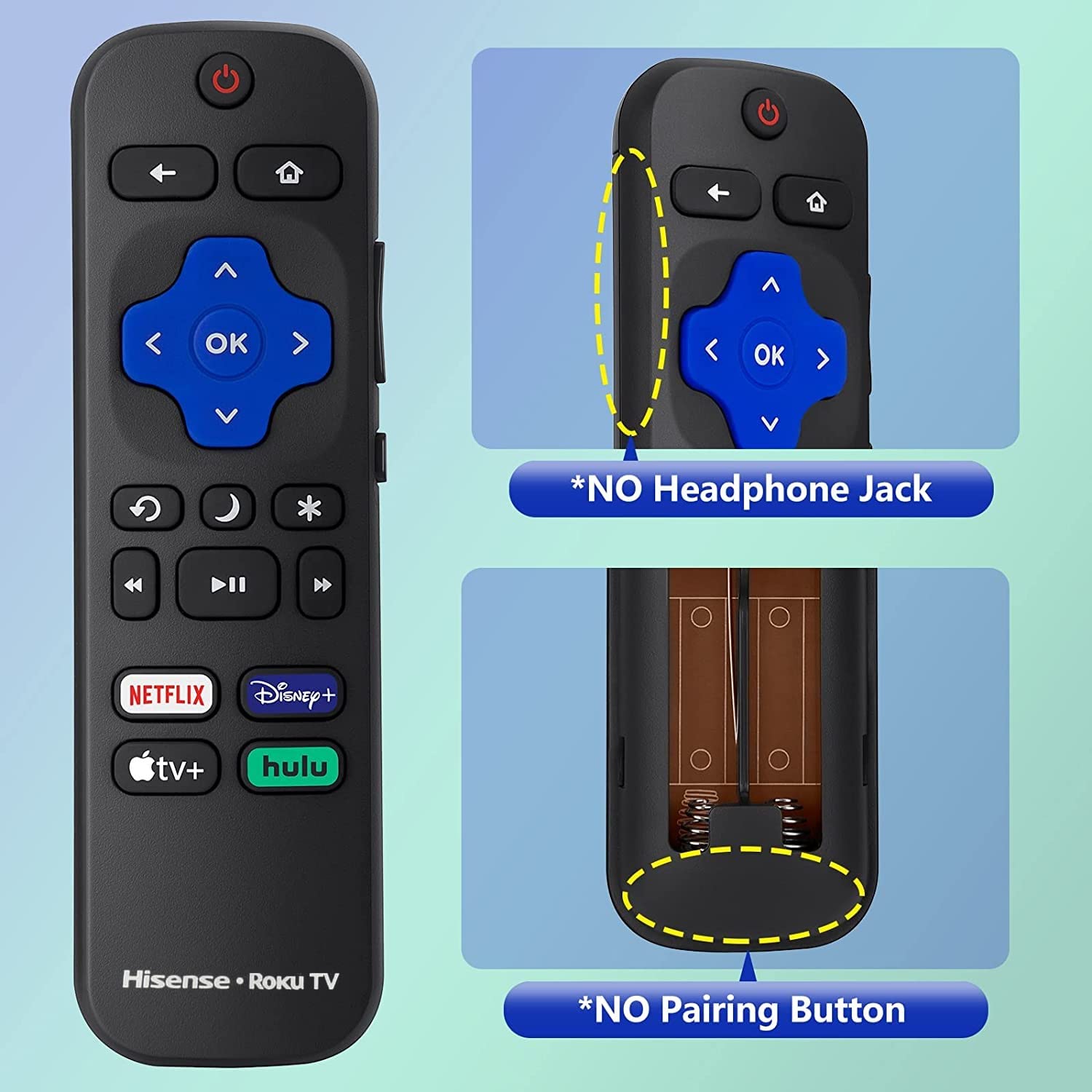 Amtone New Replacement Remote for Hisense ROKU Smart TVs with Netflix Disney Hulu VUDU Keys fits for 50H4 55H4 48H4 40H4 R6070 50R7E 32H4C 32H4D 32H4E (Netflix/Disney+/Apple TV+/hulu) (Renewed)