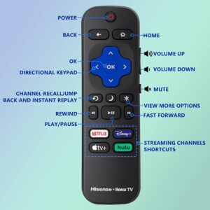 Amtone New Replacement Remote for Hisense ROKU Smart TVs with Netflix Disney Hulu VUDU Keys fits for 50H4 55H4 48H4 40H4 R6070 50R7E 32H4C 32H4D 32H4E (Netflix/Disney+/Apple TV+/hulu) (Renewed)