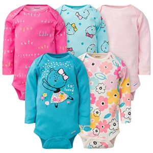 gerber baby girl's 5-pack long-sleeve onesies bodysuit, blue bear, newborn