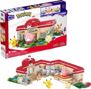 mega pokémon building toys set forest pokémon center with 648 pieces, 4 poseable characters, for kids