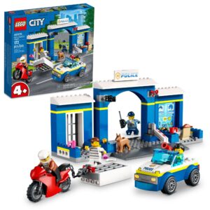 lego city police station chase 60370, playset with car toy and motorbike, breakout jail, 4 minifigures and dog figure, toys for kids 4 plus years old