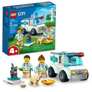 lego city vet van rescue 60382, toy animal ambulance, learning toy playset for kids 4 plus years old with 2 veterinary minifigures, dog & cat figures