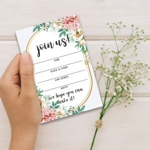 Boho Floral Greenery Invitations with Envelopes for All Occasions, 25 Pcs Blush Pink Gold Foil Blank Fill-in Invites for Bridal Shower, Wedding Reception, Engagement Party(05)