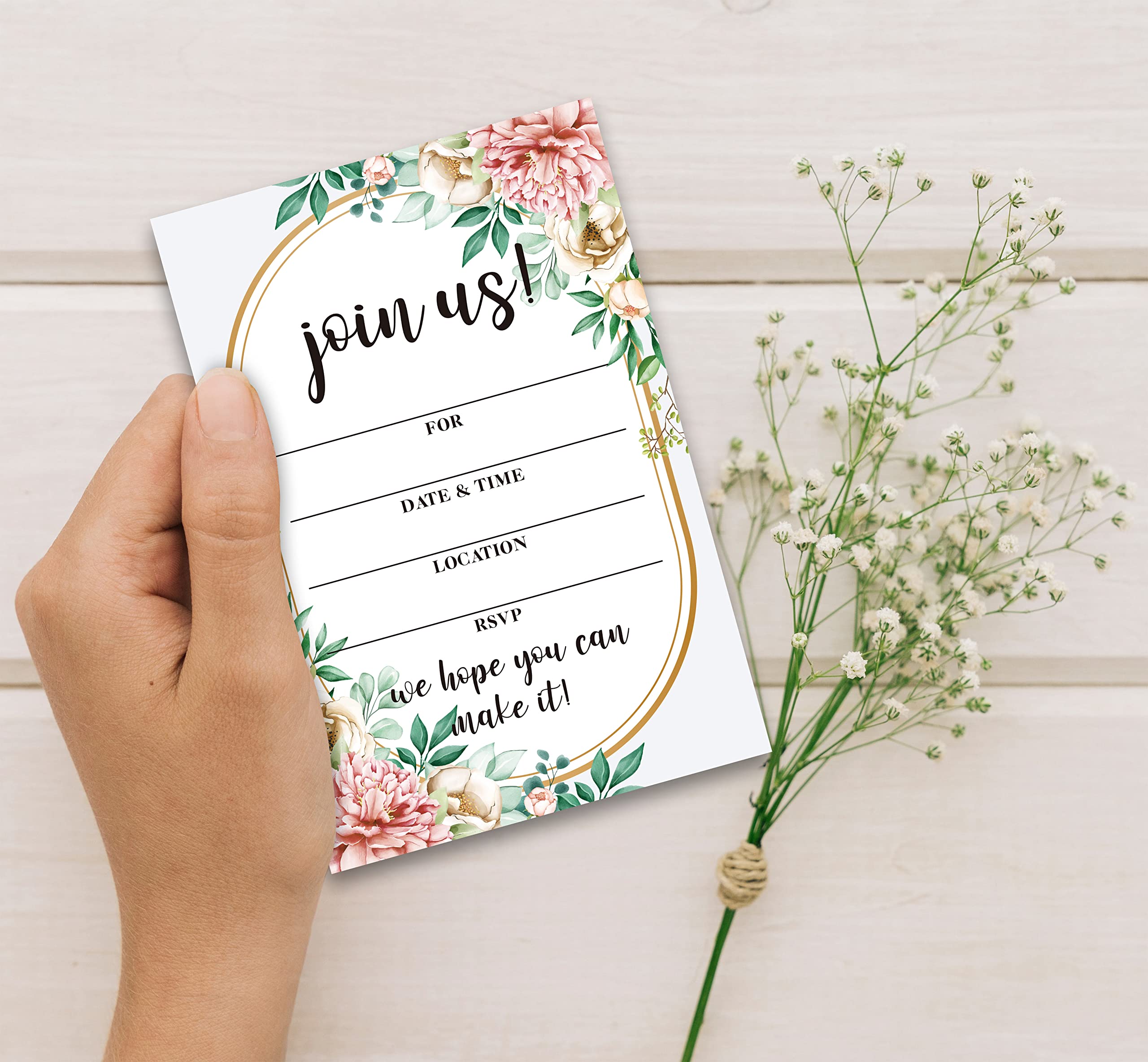 Boho Floral Greenery Invitations with Envelopes for All Occasions, 25 Pcs Blush Pink Gold Foil Blank Fill-in Invites for Bridal Shower, Wedding Reception, Engagement Party(05)