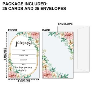 Boho Floral Greenery Invitations with Envelopes for All Occasions, 25 Pcs Blush Pink Gold Foil Blank Fill-in Invites for Bridal Shower, Wedding Reception, Engagement Party(05)