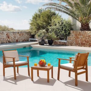 devoko patio set 3 piece acacia wood outdoor furniture conversation seat with table & cushions porch chairs for balcony, deck, backyard, beige