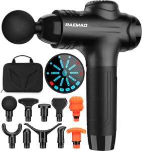 raemao massage gun deep tissue, back massage gun for athletes for pain relief attaching 10 pcs specialized replacement heads, percussion massager with 10 speeds & led screen, black