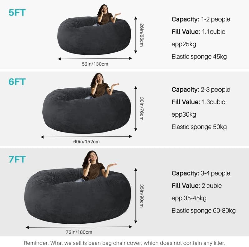 Big Huge Giant Bean Bag Chair for Adults, (No Filler) Bean Bag Chairs in Multiple Sizes and Colors Giant Foam-Filling Required- Machine Washable Covers, Double Stitched Seams (Dark Grey, 150 * 75cm)