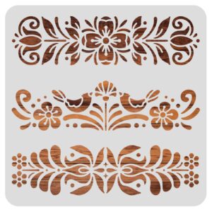 benecreat plastic folk decorative painting stencil templates, 12x12inch floral pattern scandinavian style reusable drawing stencils for diy art craft wall canvas furniture