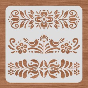 BENECREAT Plastic Folk Decorative Painting Stencil Templates, 12x12inch Floral Pattern Scandinavian Style Reusable Drawing Stencils for DIY Art Craft Wall Canvas Furniture