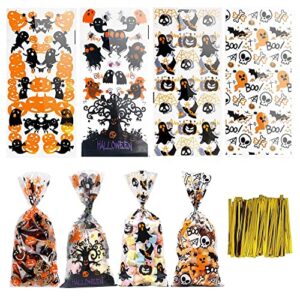 varacl 100 pieces halloween cellophane bags, halloween clear plastic treat bags candy cookies goody bags with twist ties for halloween party favor supplies