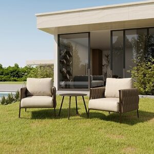 east oak 3 pieces patio furniture set, armchairs with coffee table, outdoor furniture with thick cushion, modern furniture deep seating for garden porch, chestnut brown & creamy apricot