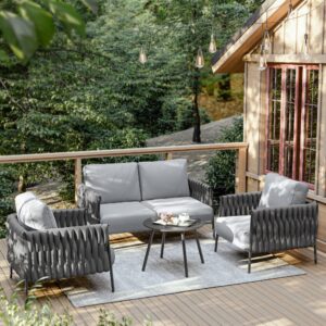 east oak life chatter 4 pieces patio furniture set, outdoor furniture with coffee table, patio conversation set deep seating with thick cushion, backyard porch balcony, earth black & misty grey