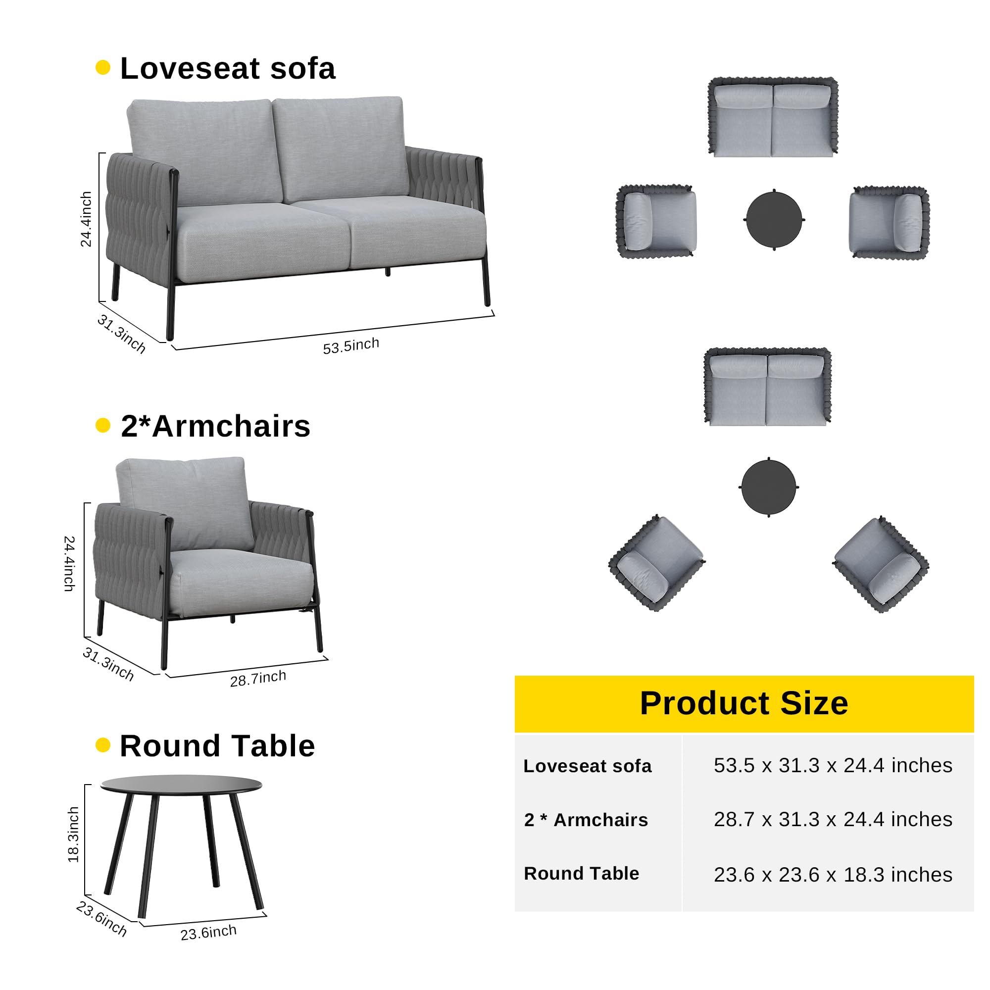 EAST OAK Life Chatter 4 Pieces Patio Furniture Set, Outdoor Furniture with Coffee Table, Patio Conversation Set Deep Seating with Thick Cushion, Backyard Porch Balcony, Earth Black & Misty Grey