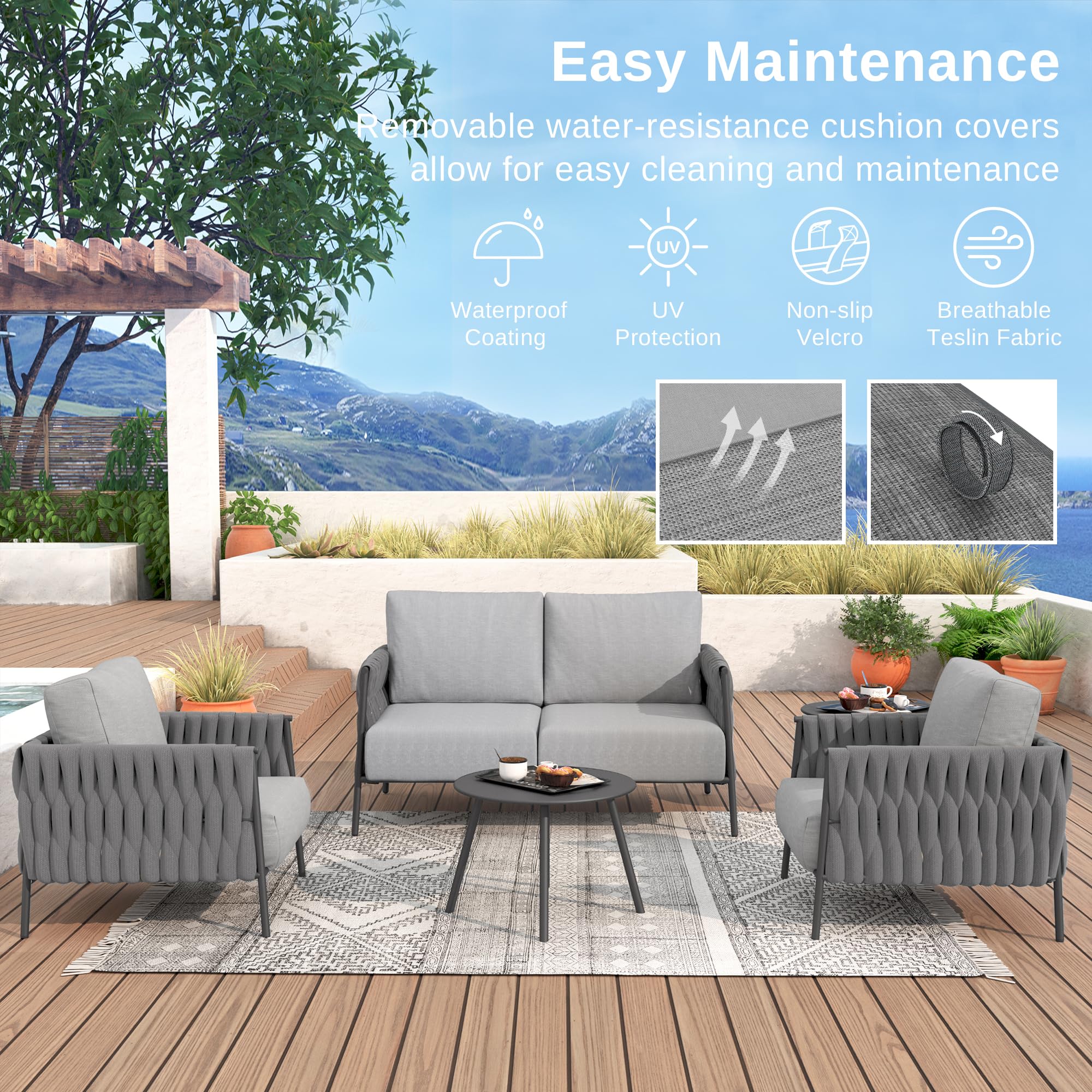 EAST OAK Life Chatter 4 Pieces Patio Furniture Set, Outdoor Furniture with Coffee Table, Patio Conversation Set Deep Seating with Thick Cushion, Backyard Porch Balcony, Earth Black & Misty Grey