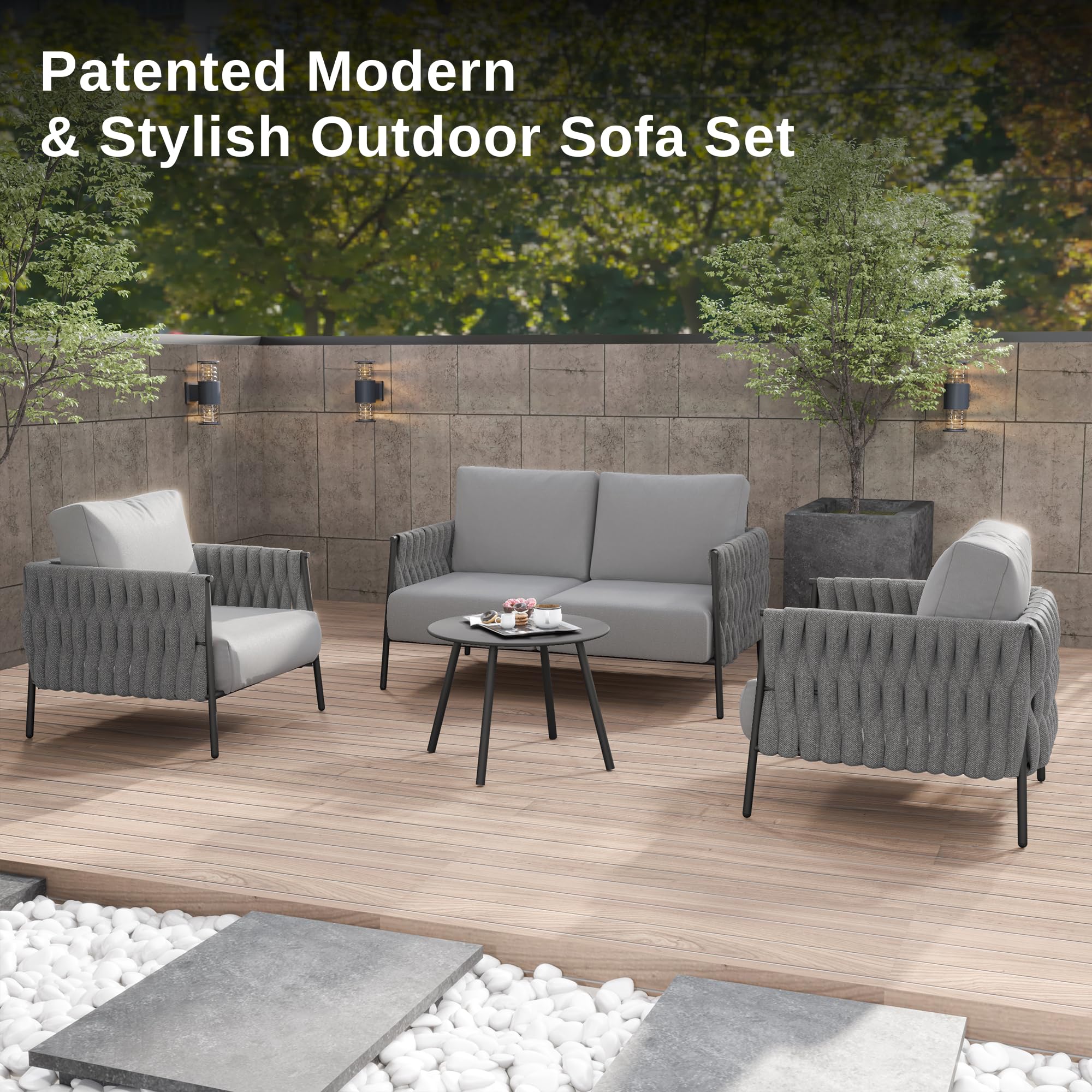 EAST OAK Life Chatter 4 Pieces Patio Furniture Set, Outdoor Furniture with Coffee Table, Patio Conversation Set Deep Seating with Thick Cushion, Backyard Porch Balcony, Earth Black & Misty Grey