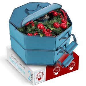 hearth & harbor container-hard shell christmas bag with interior pockets, dual zipper and handles-premium wreath storage organizer box, 30", blue