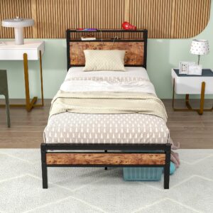 hojinlinero twin bed frame with storage headboard/usb charging station,single platform bed frame twin size no box spring needed,strong steel slats support,bedroom furniture,rustic brown