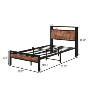 HOJINLINERO Twin Bed Frame with Storage Headboard/USB Charging Station,Single Platform Bed Frame Twin Size No Box Spring Needed,Strong Steel Slats Support,Bedroom Furniture,Rustic Brown