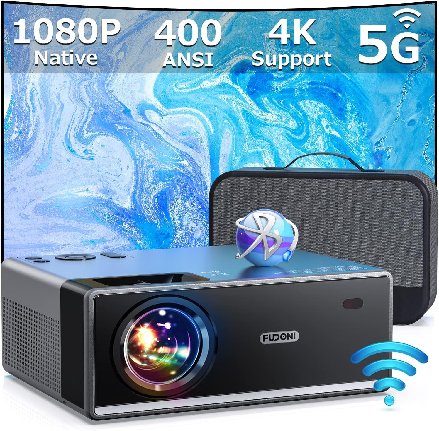 FUDONI Projector with 5G WiFi and Bluetooth, 1080P 15000L Outdoor Projector with HDMI and USB, Max 300" Display Zoom Function for Movies & Gaming, Compatible with TV Stick/Phone/Laptop