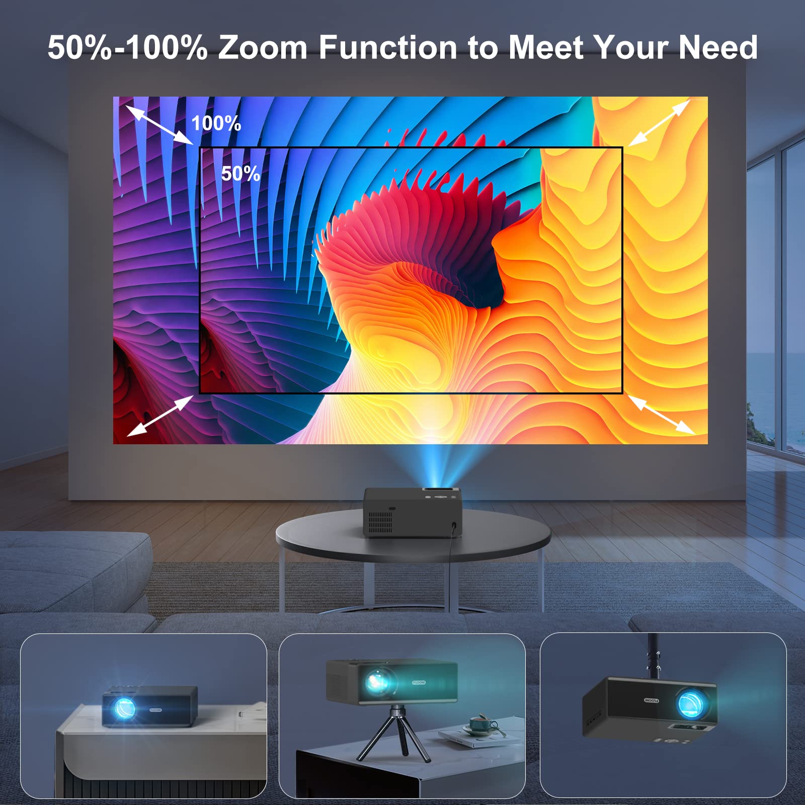 FUDONI Projector with 5G WiFi and Bluetooth, 1080P 15000L Outdoor Projector with HDMI and USB, Max 300" Display Zoom Function for Movies & Gaming, Compatible with TV Stick/Phone/Laptop