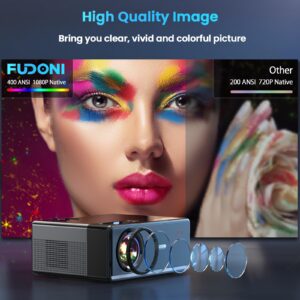 FUDONI Projector with 5G WiFi and Bluetooth, 1080P 15000L Outdoor Projector with HDMI and USB, Max 300" Display Zoom Function for Movies & Gaming, Compatible with TV Stick/Phone/Laptop