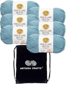 lion brand feels like butta dusty blue 215-108 (6-skeins - same dye lot) worsted medium #4 polyester yarn for crocheting and knitting - bundle with 1 artsiga crafts project bag