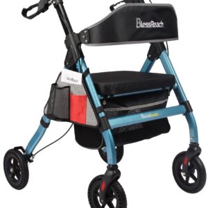 BlessReach Heavy Duty Rollator Walker - Aluminum Rolling Walker for Seniors and Adults with Large Seat, Support Up 450 lbs (Blue)