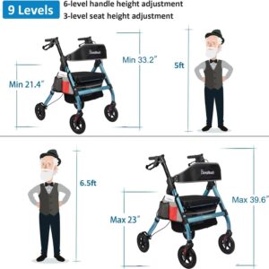 BlessReach Heavy Duty Rollator Walker - Aluminum Rolling Walker for Seniors and Adults with Large Seat, Support Up 450 lbs (Blue)