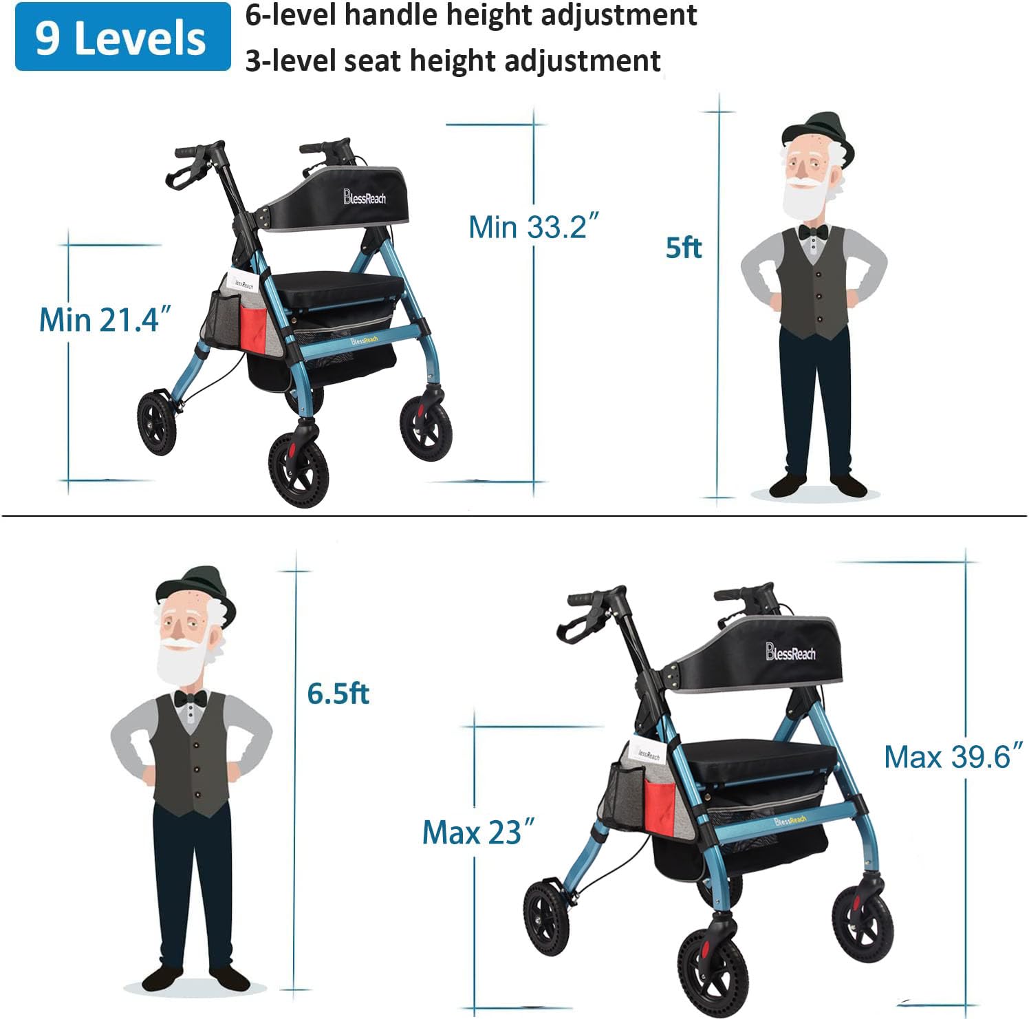 BlessReach Heavy Duty Rollator Walker - Aluminum Rolling Walker for Seniors and Adults with Large Seat, Support Up 450 lbs (Blue)