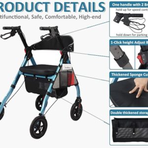 BlessReach Heavy Duty Rollator Walker - Aluminum Rolling Walker for Seniors and Adults with Large Seat, Support Up 450 lbs (Blue)