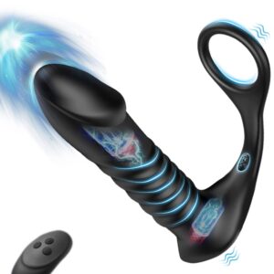 thrusting anal vibrator with thick penis ring, 3*10 vibrating&telescopic prostate massager dildo shaped anal plug, tivino silicone male sex toys gay toy for men masturbation and foreplay