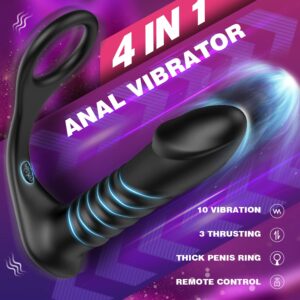 Thrusting Anal Vibrator with Thick Penis Ring, 3*10 Vibrating&Telescopic Prostate Massager Dildo Shaped Anal Plug, TIVINO Silicone Male Sex Toys Gay Toy for Men Masturbation and Foreplay