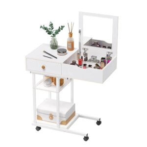 elephance moveable vanity desk with mirror for small spaces, makeup dressing table computer desk with drawers and shelves for bedroom