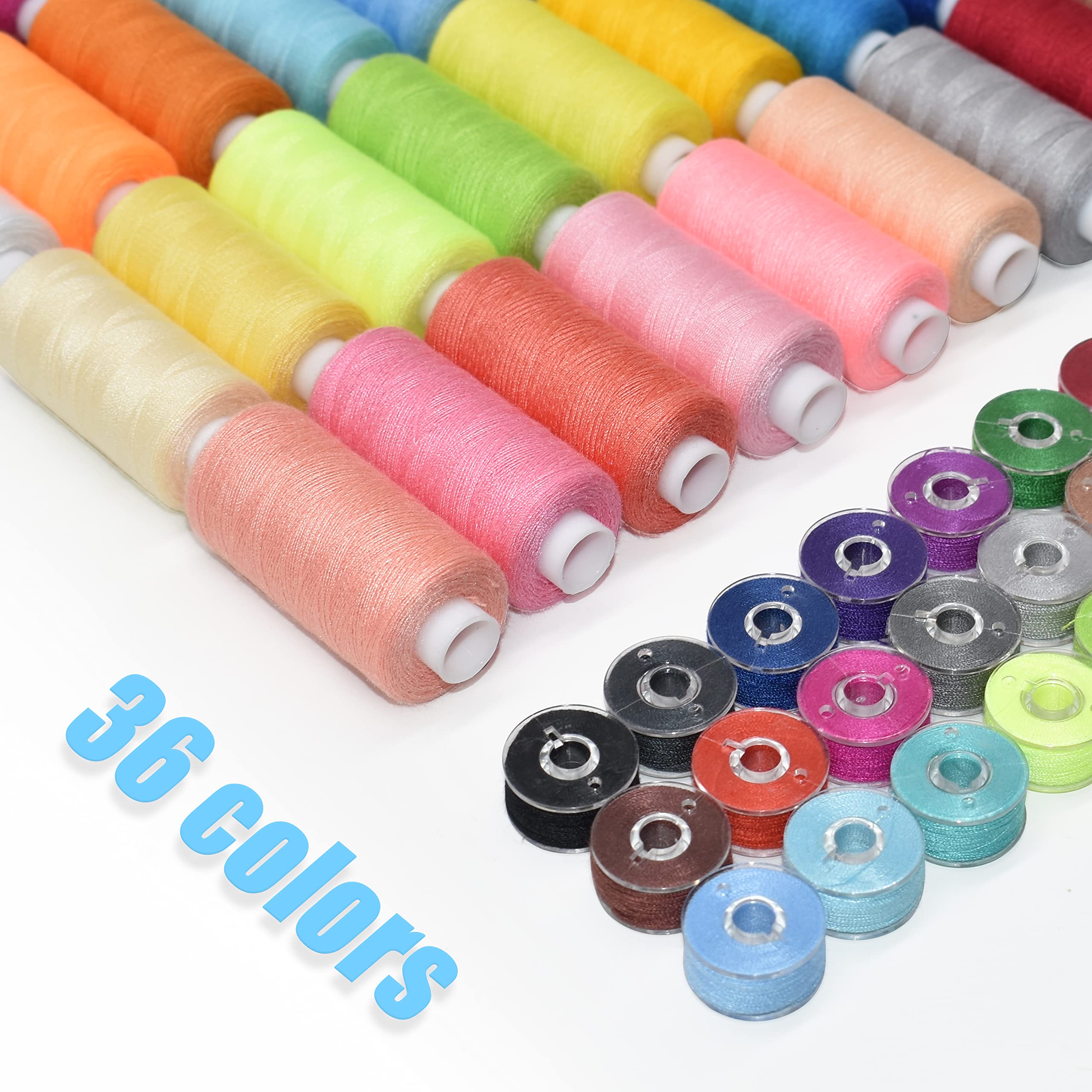 72Pcs 36 Colors Sewing Thread Set with Matching Prewound Bobbin Threads with Case, 550 Yards per Polyester Thread, Popular Colors Sewing Threads for Hand & Machine Sewing