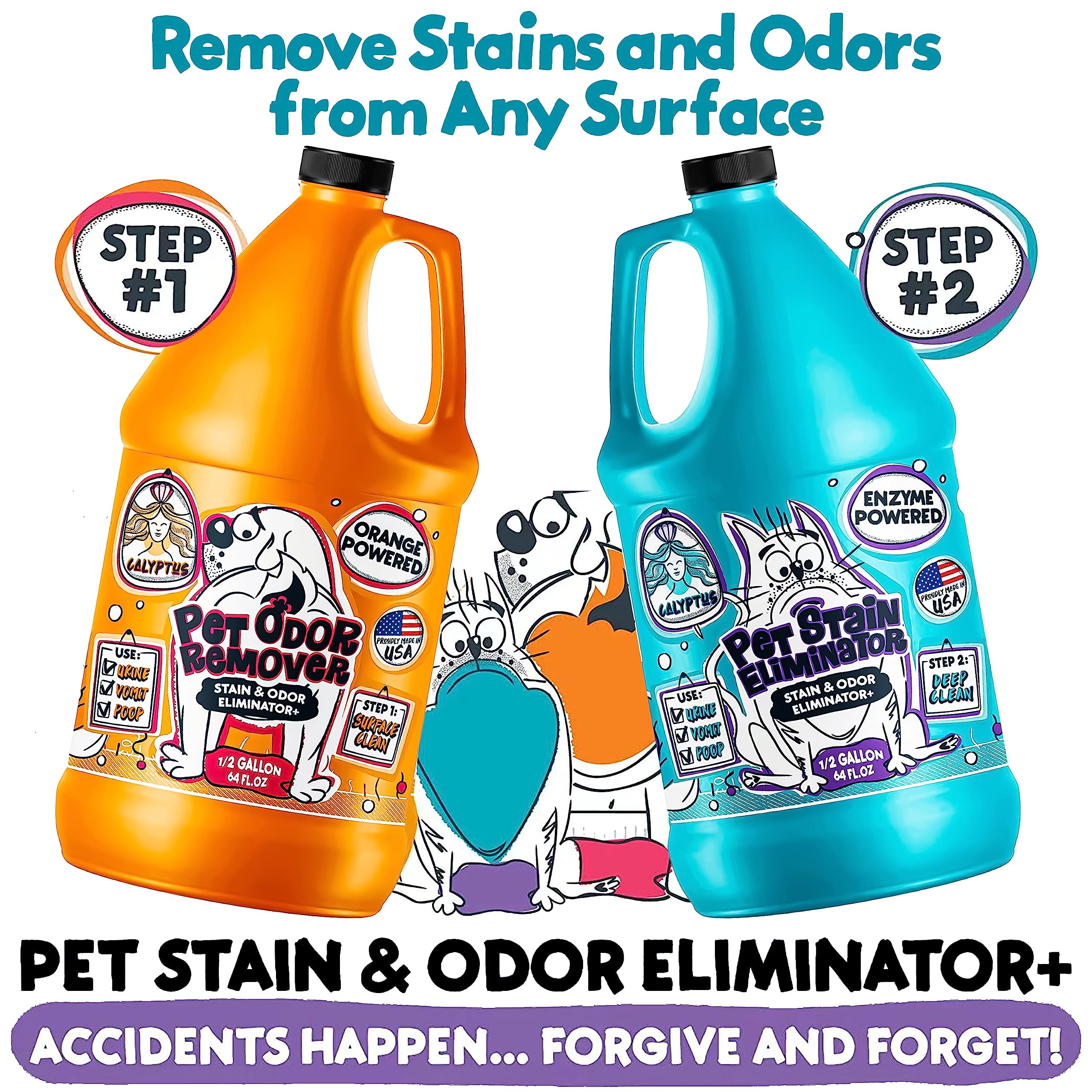 Calyptus Pet Stain and Odor Remover | Orange and Enzyme Cleaner Duo Solution for Pets | 128oz (64oz x 2 Bottles) | Carpet Cleaner and Odor Eliminator for Cat Urine, Dog Pee, and Poop | Pro Strength