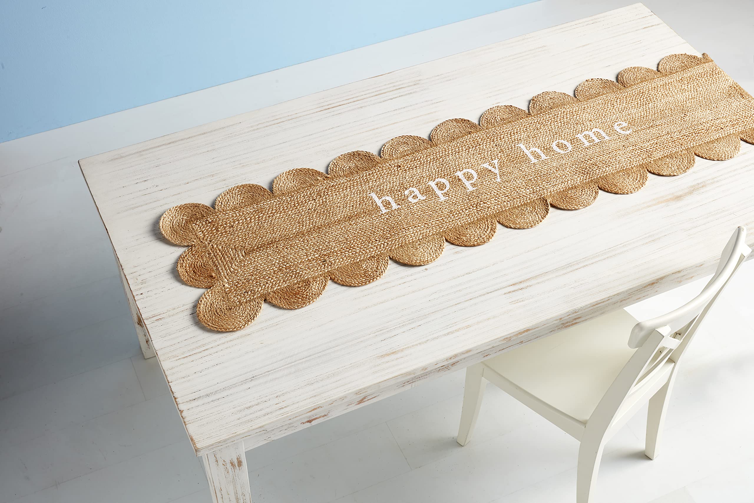 Mud Pie Scalloped Jute Table Runner, Brown, 71" x 17"