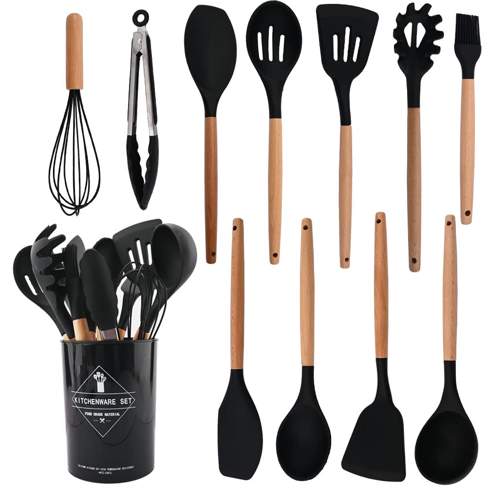 BRIIEC 11pcs Black Silicone Cooking Utensil Set with Holder Storage Bucket, Nonstick Wooden Handle Silicone Kitchen Gadgets Utensils Set Spatula Sets