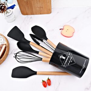 BRIIEC 11pcs Black Silicone Cooking Utensil Set with Holder Storage Bucket, Nonstick Wooden Handle Silicone Kitchen Gadgets Utensils Set Spatula Sets