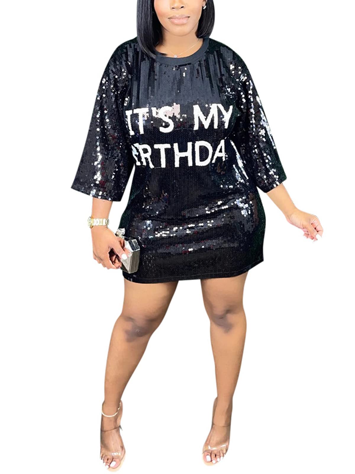 KIRJAUDU Womens Sparkly Sequin Shirt Dress Letter Print 3/4 Sleeve Short Dresses Party Clubwear Black XXL