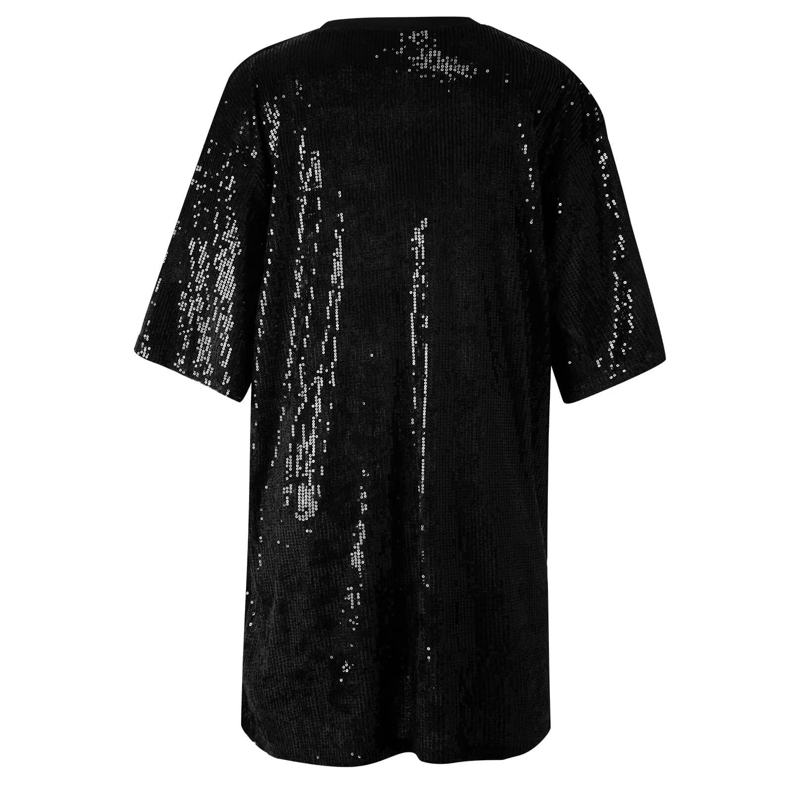 KIRJAUDU Womens Sparkly Sequin Shirt Dress Letter Print 3/4 Sleeve Short Dresses Party Clubwear Black XXL