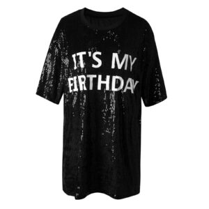 KIRJAUDU Womens Sparkly Sequin Shirt Dress Letter Print 3/4 Sleeve Short Dresses Party Clubwear Black XXL