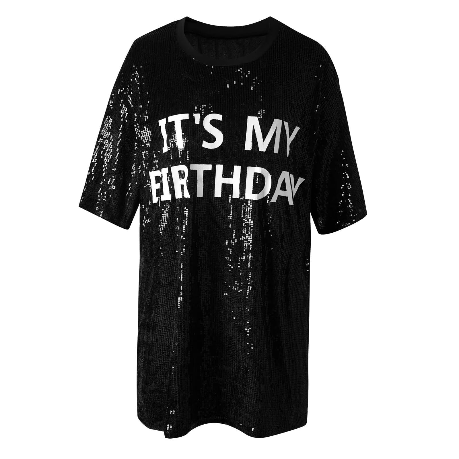 KIRJAUDU Womens Sparkly Sequin Shirt Dress Letter Print 3/4 Sleeve Short Dresses Party Clubwear Black XXL