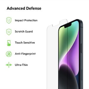 Belkin TemperedGlass iPhone 14 Plus, iPhone 13 Pro Max, Plus Screen Protector Easy Bubble Free Application with Included Installation Guide Stickers, 9H Hardness Tested