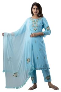 jg women's ethnic wear collection rayon straight embridered kurti & pant set with dupatta readymade salwar suit for women casual wear(blue-xx-large size)