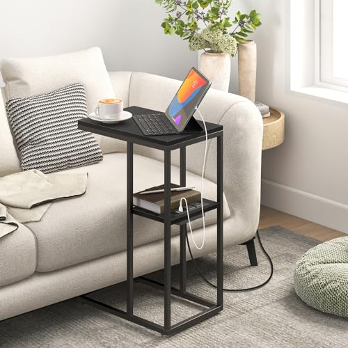 Yoobure C Shaped End Table with Charging Station, Small Side Tables for Living Room, Bedroom, Sofa Table with USB Ports and Outlets for Small Spaces C Couch Table Rustic Snack Table Bed Side Table