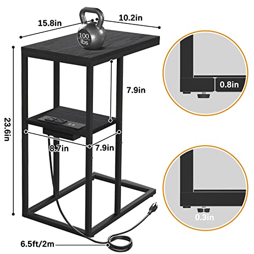 Yoobure C Shaped End Table with Charging Station, Small Side Tables for Living Room, Bedroom, Sofa Table with USB Ports and Outlets for Small Spaces C Couch Table Rustic Snack Table Bed Side Table